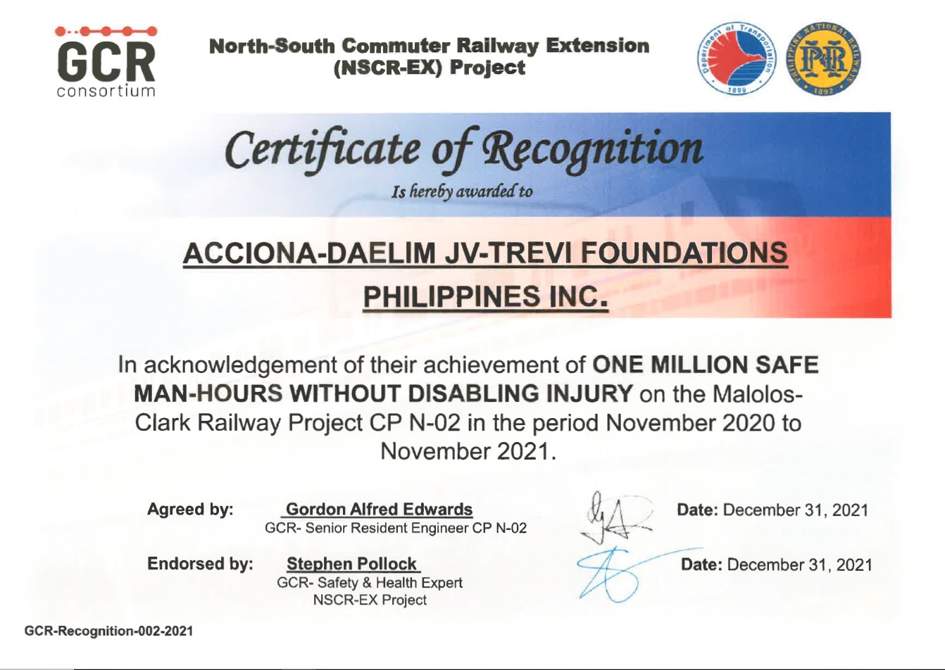 Trevi Foundations Philippines Inc. - 1 Million Safe Manhours | Trevi Spa